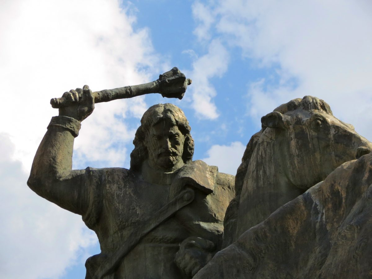 Equestrian statue of Dragos in Campulung-Moldovenec Romania
