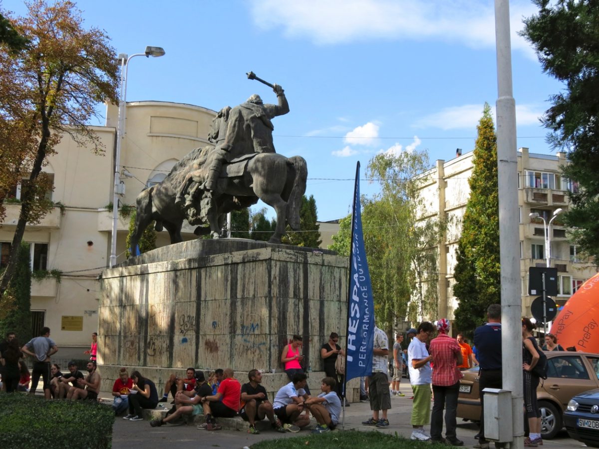 Equestrian statue of Dragos in Campulung-Moldovenec Romania