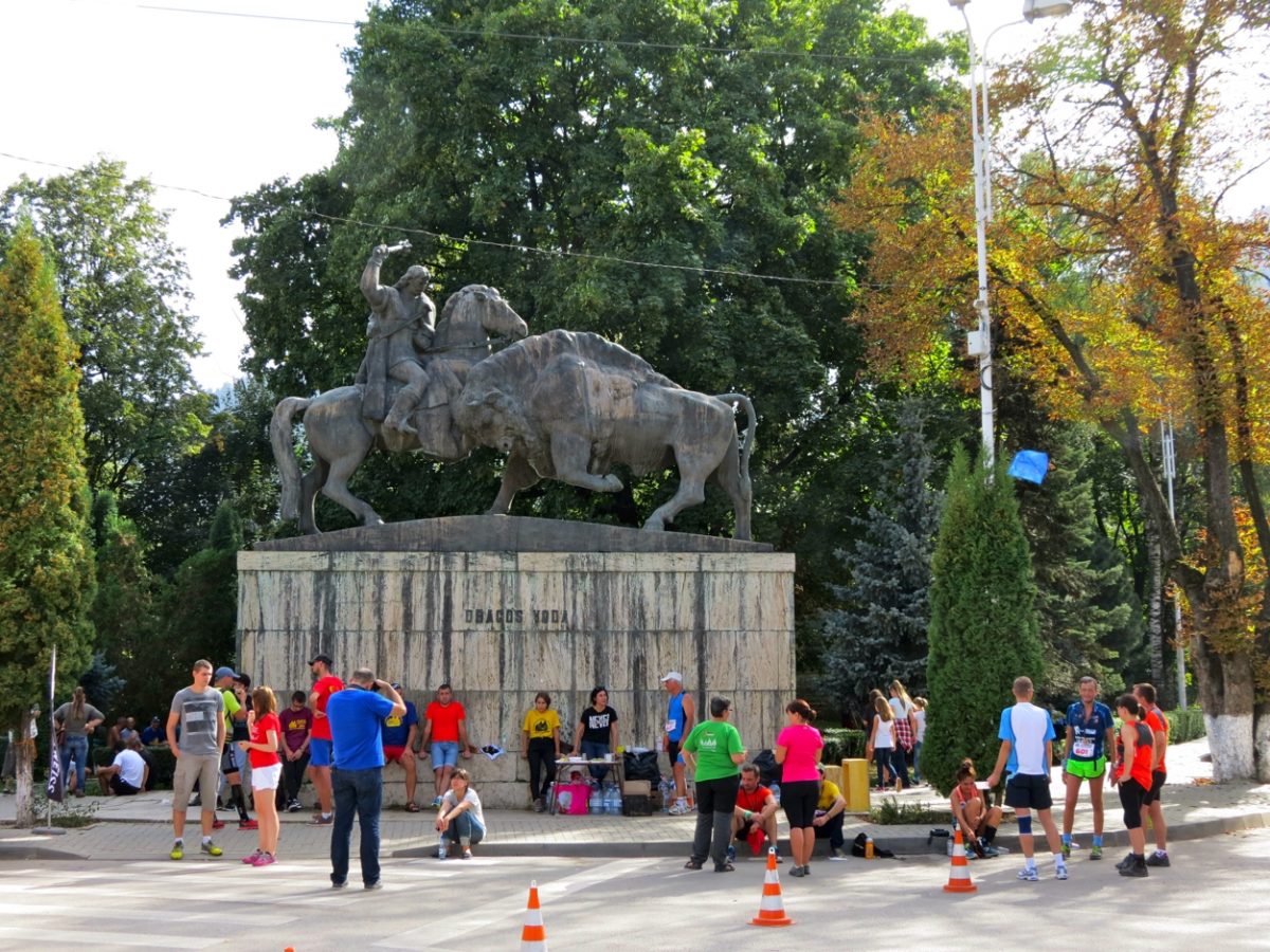 Equestrian statue of Dragos in Campulung-Moldovenec Romania
