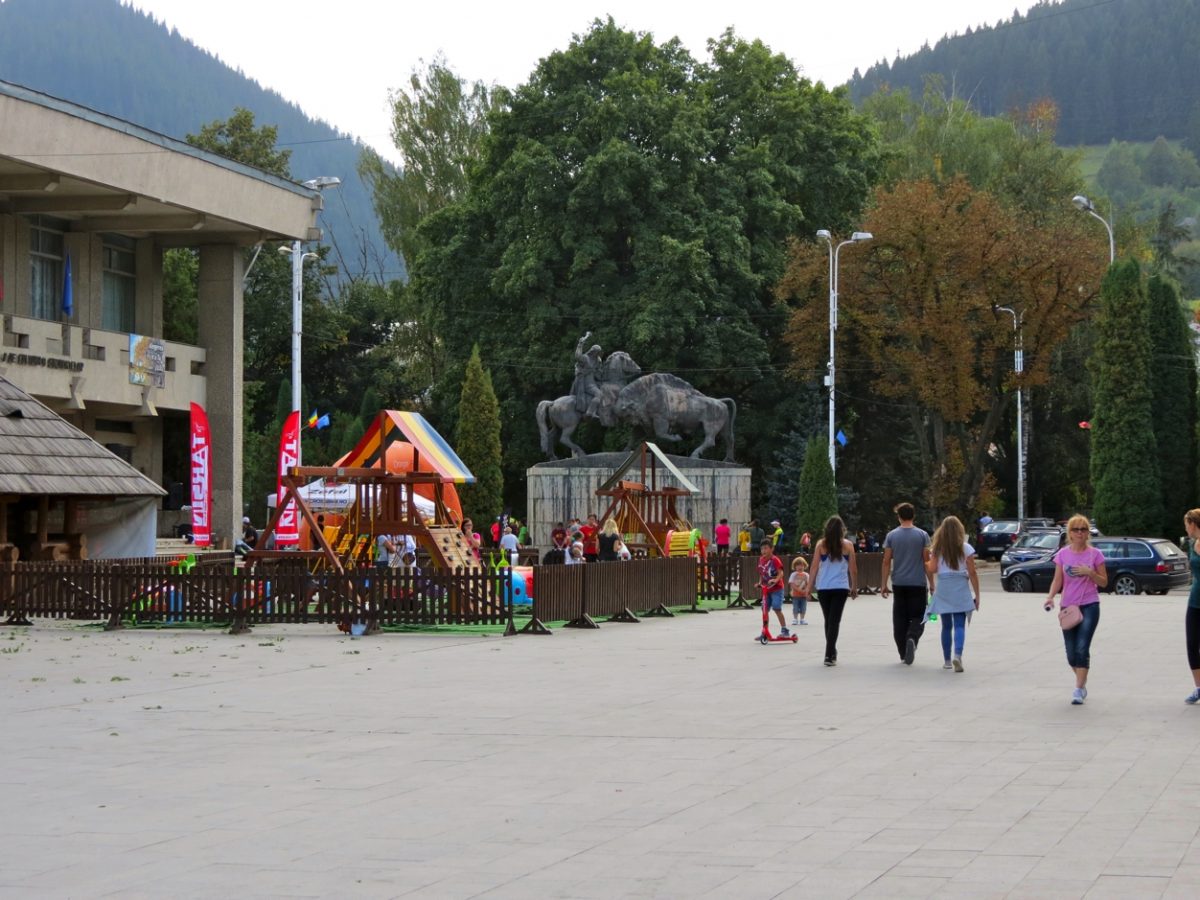 Equestrian statue of Dragos in Campulung-Moldovenec Romania