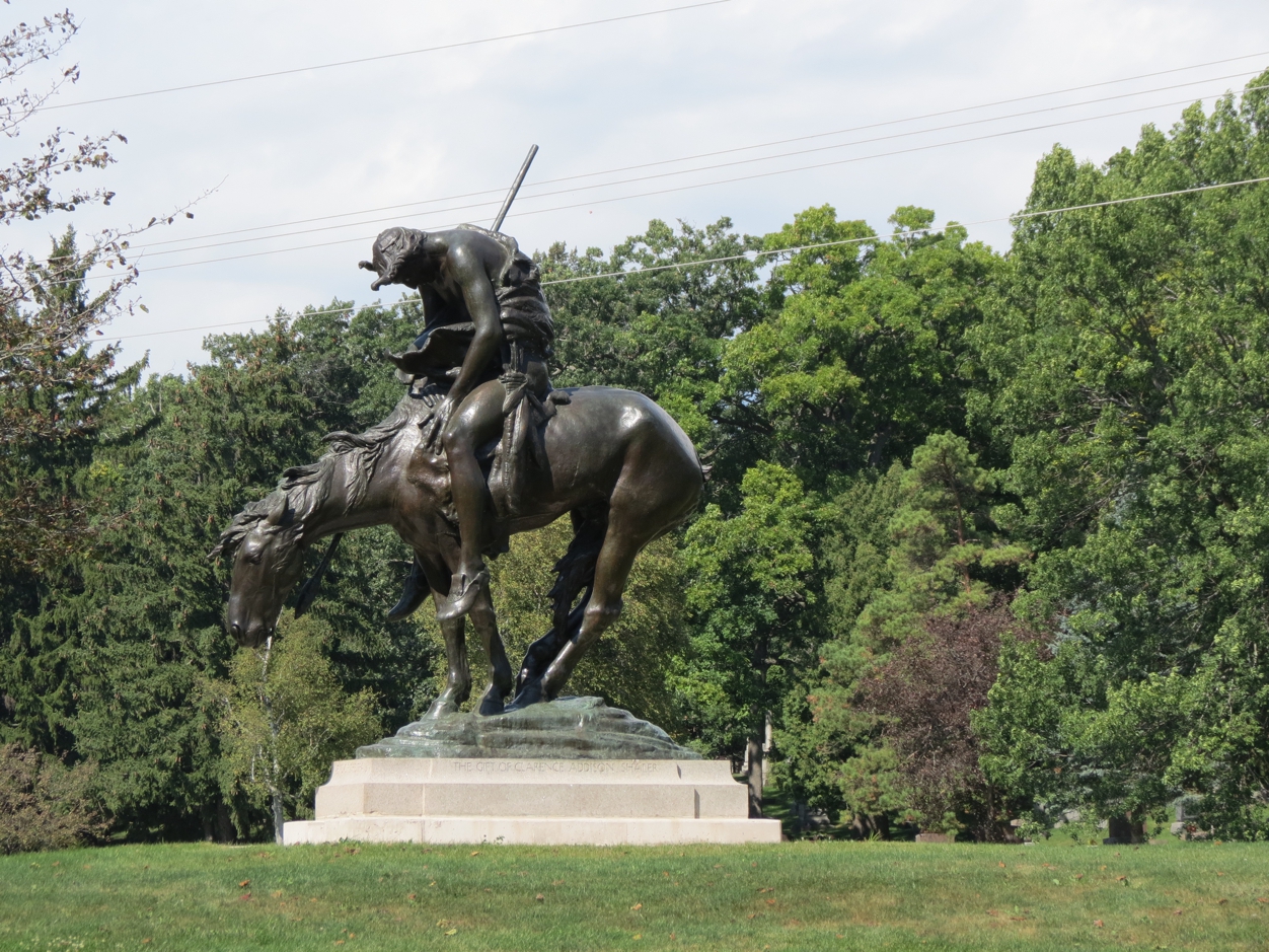 Equestrian statue of End of the trail in WI Waupun, US