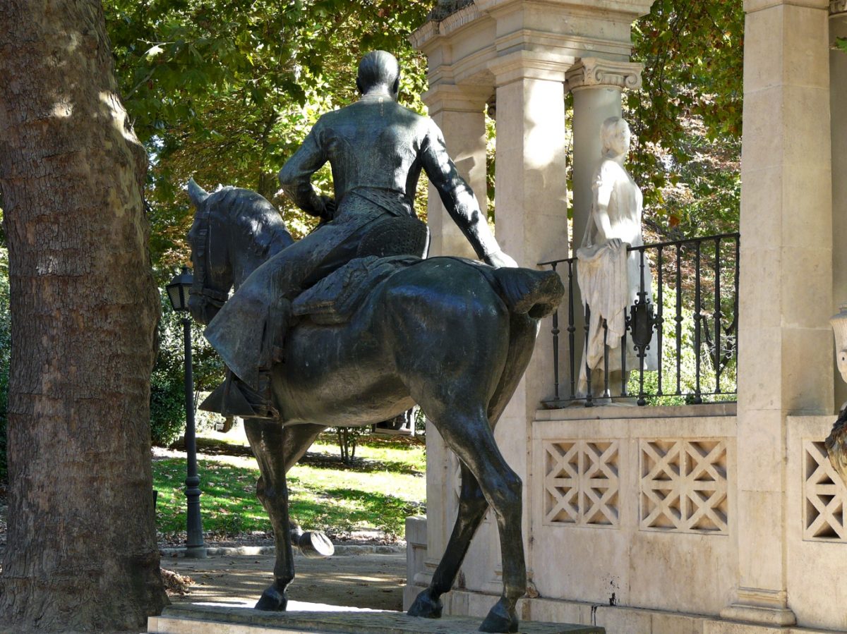 Equestrian statue of Serafin y Joaquin Alvarez Quintero in Madrid Spain