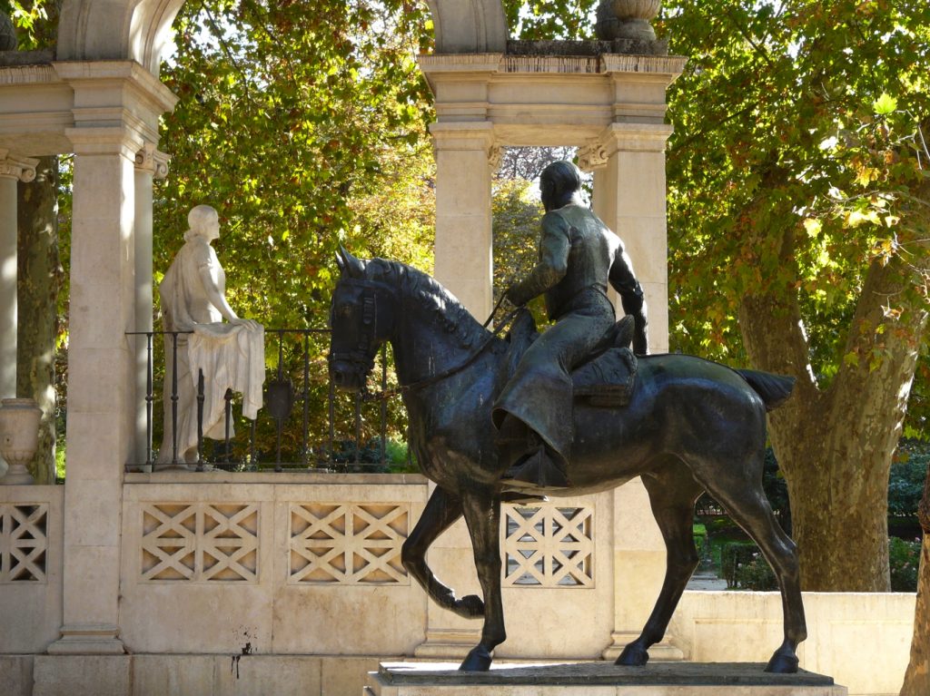 Equestrian statue of Serafin y Joaquin Alvarez Quintero in Madrid Spain